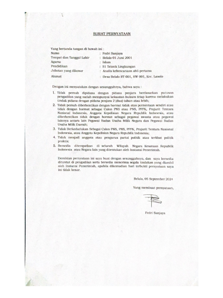 Fedri SURAT PERNYATAAN 5 Point | PDF