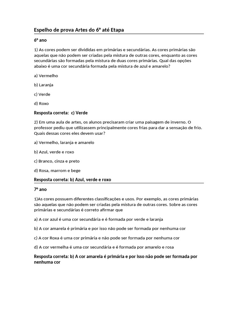 Cores na Arte: Provas e Respostas | PDF | Cor | Vermelho