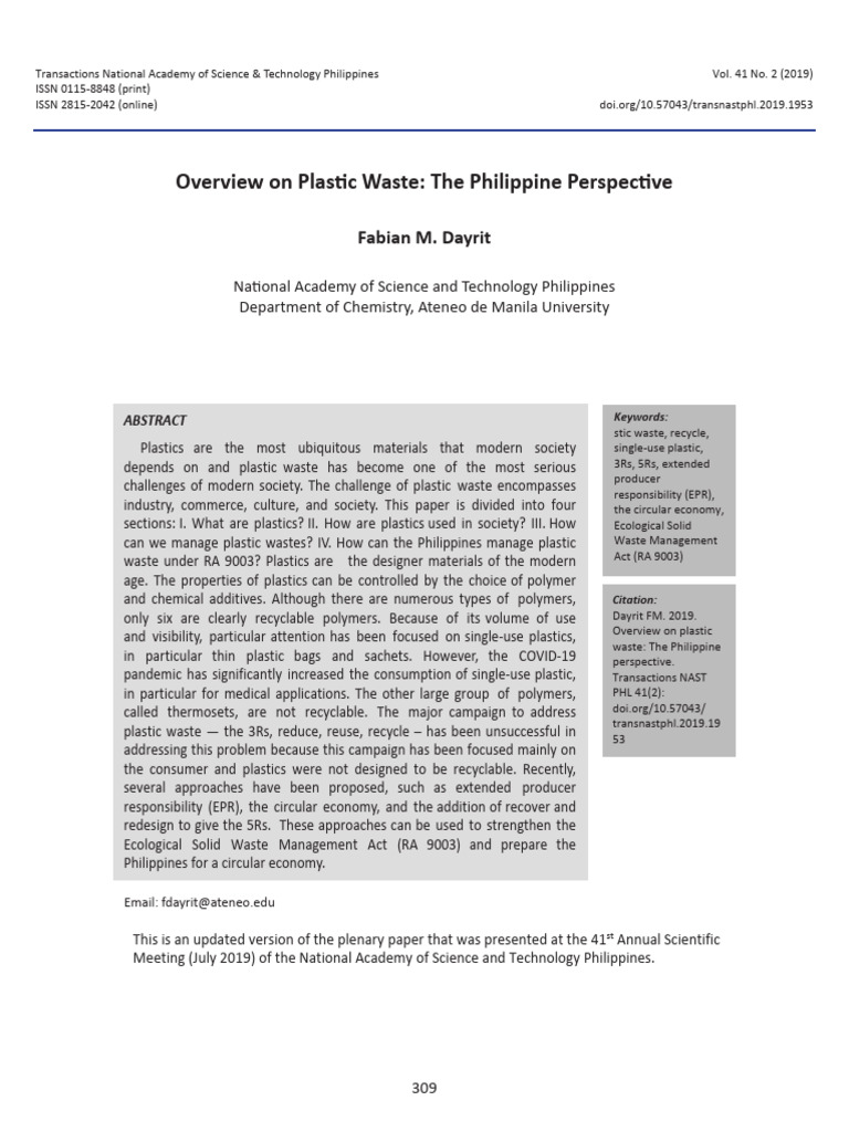 2019 Plenary Paper Dayrit FM | PDF | Plastic | Thermoplastic