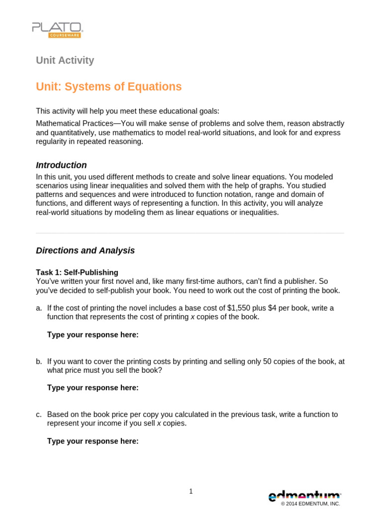 Systems of Equations Unit Activity | PDF | Honey Bee | Function ...