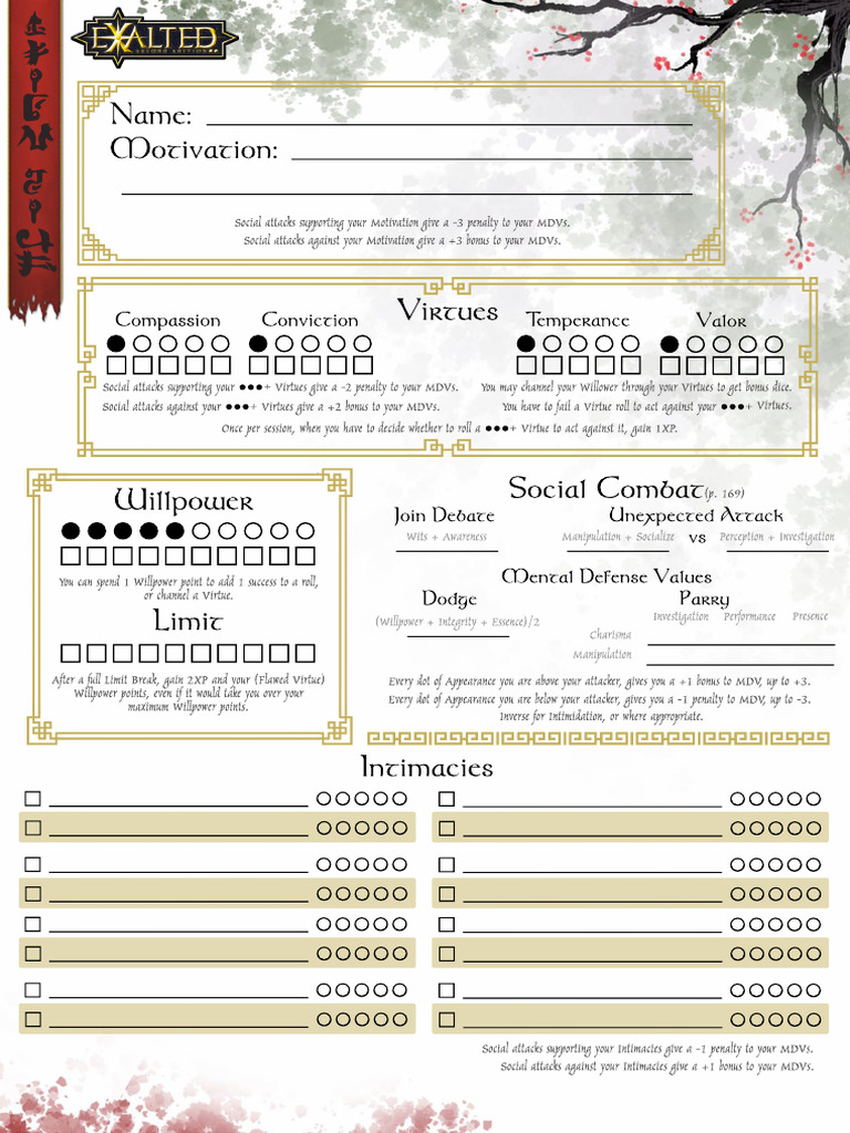Exalted Character Sheet - Sheet 1 | PDF