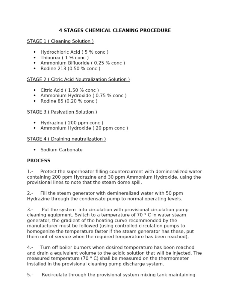 4 Stages Chemical Cleaning Procedure | PDF | Acid | Water