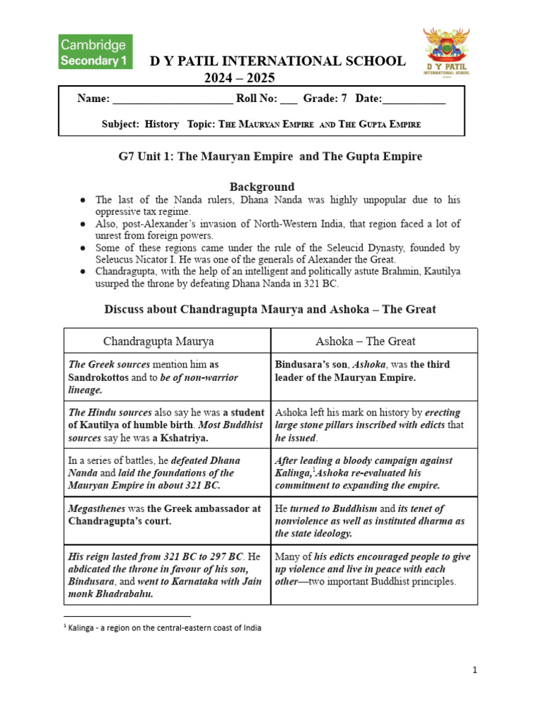 G7_Unit_1__The_Mauryan_Empire__and_The_Gupta_Empire_24-25.docx__1_ (1) | PDF | Ashoka