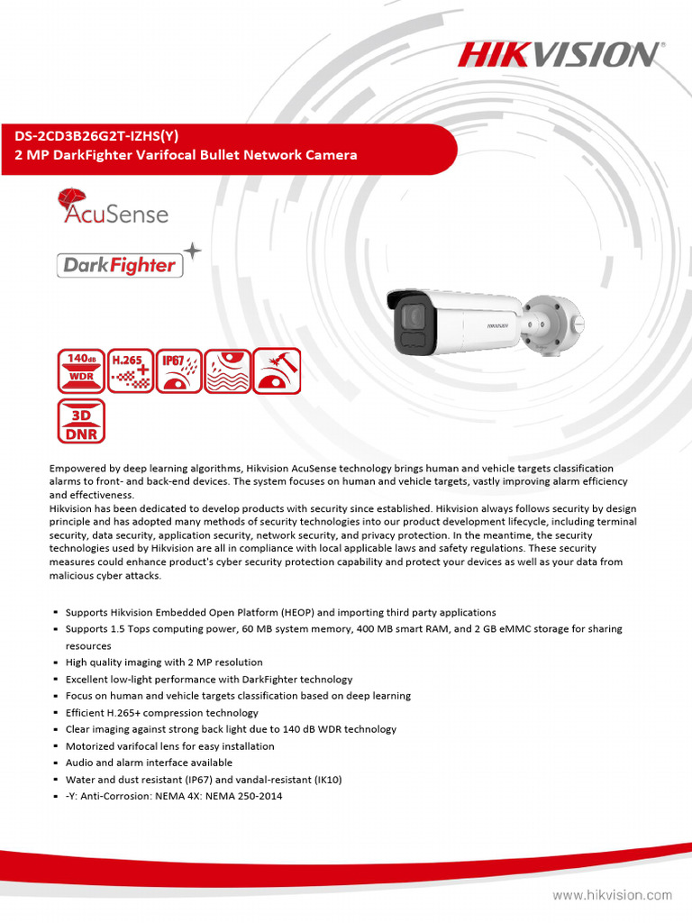 DS-2CD3B26G2T-IZHS (Y) + (H) Datasheet 20230912 | PDF | Camera Lens | Computing