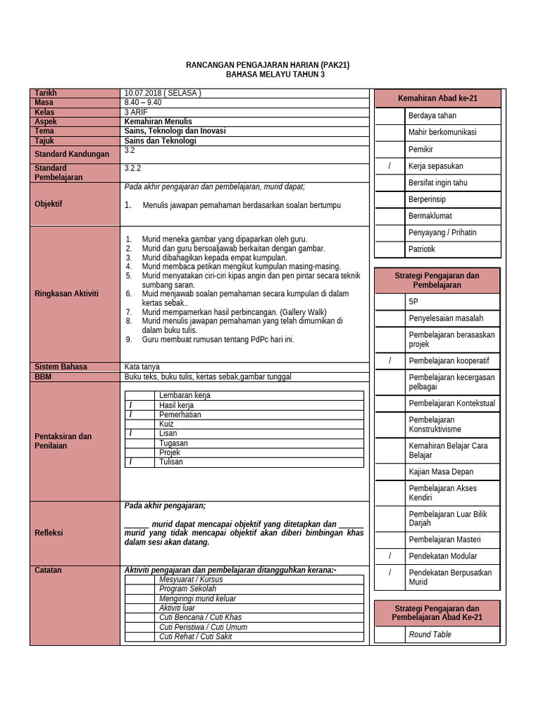 RANCANGAN PENGAJARAN HARIAN BM TH3 1docx | PDF