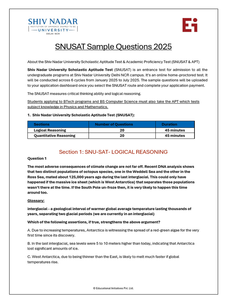 SNUSAT Sample Paper 2025 | PDF | Antarctica | Sat