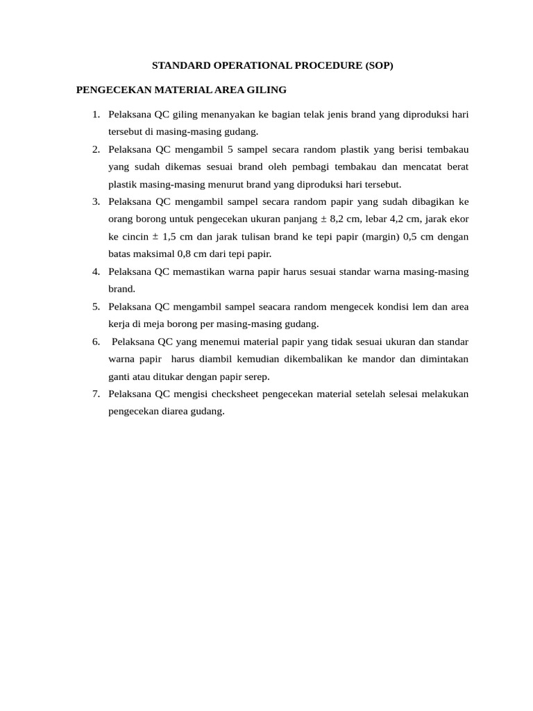 Prosedur Pengecekan Material Giling | PDF