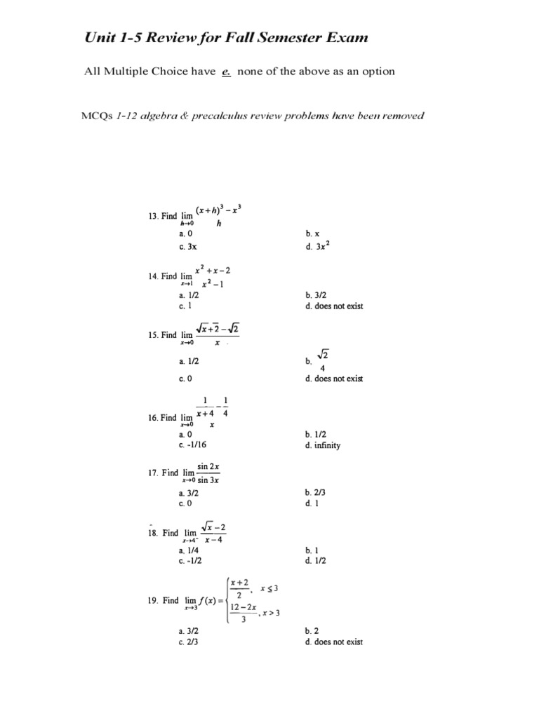 Semester 1 Review For Exam (Unit 1 - 5) - 1 | PDF | Mathematics ...