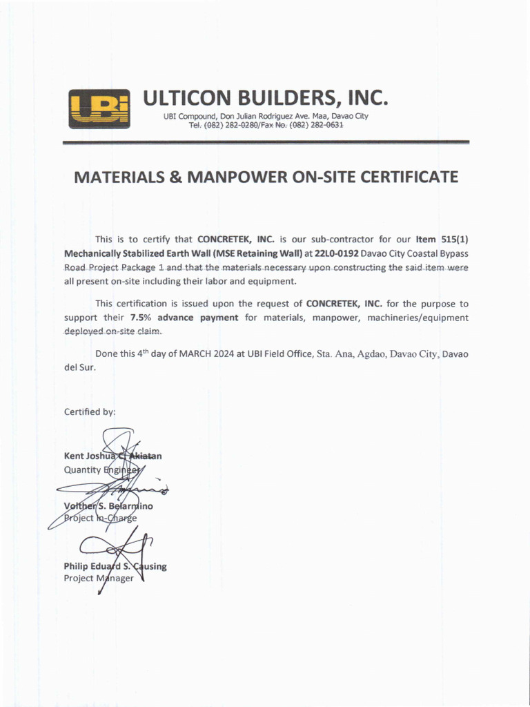 Material & Manpower On-Site Certificate Concretek | PDF
