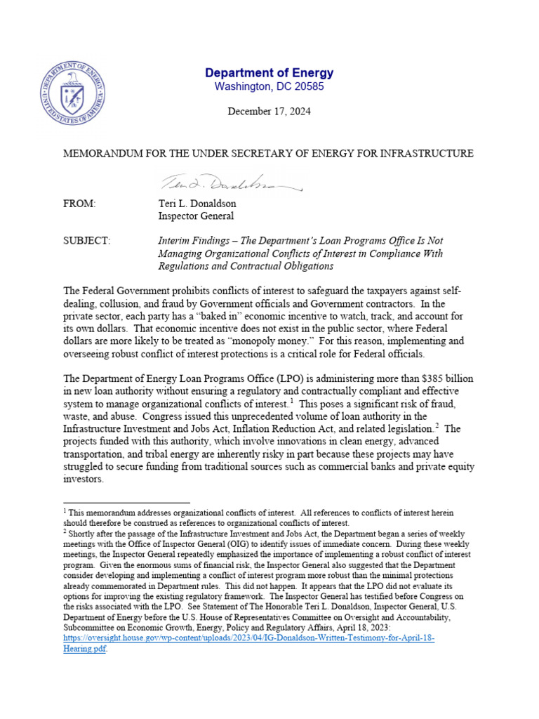 DOE OIG - LPO Memo | PDF | Conflict Of Interest | Interest