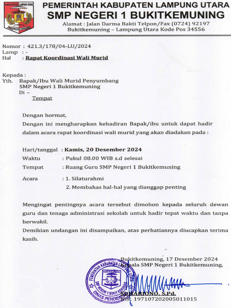 Undangan Rapat Wali Murid | PDF