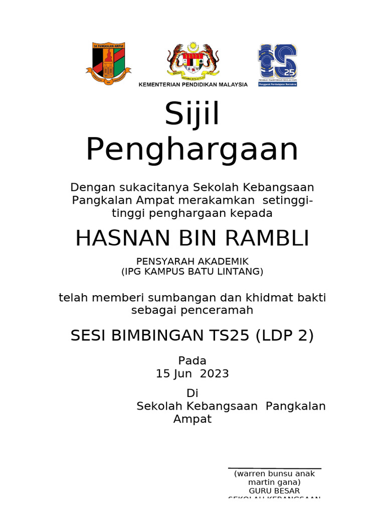 Sijil Penghargaan Penceramah | PDF