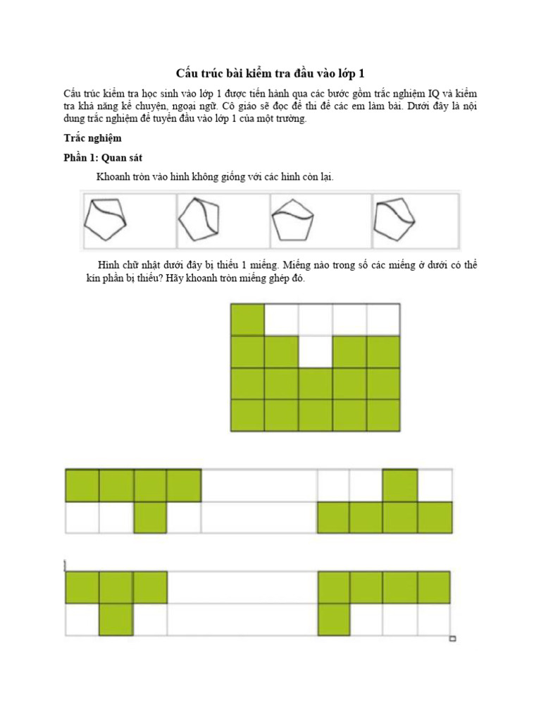 1 Cau Truc de Kiem Tra Dau Vao Lop 1 | PDF