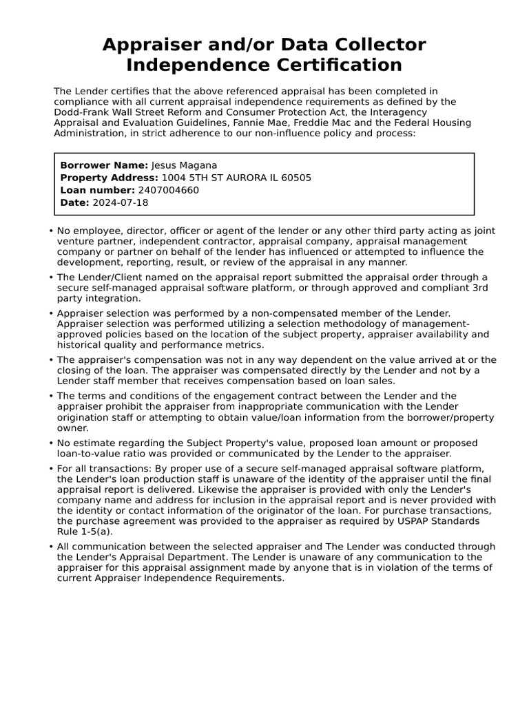 Appraisal Independence Certification | PDF | Real Estate Appraisal ...