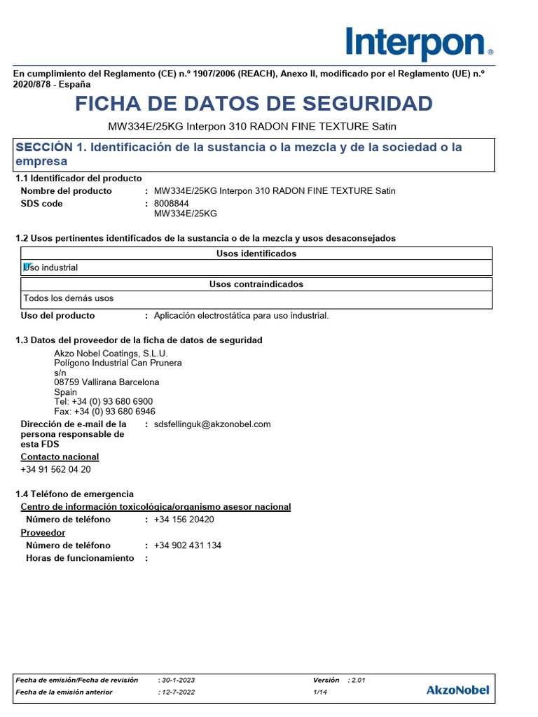 Ficha de Seguridad Interpon 310 Satin | PDF | Residuos | Ventilación ...