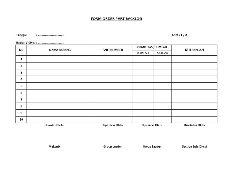 Form Order Part Backlog | PDF