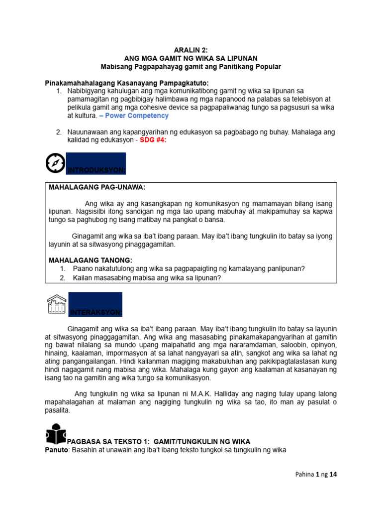 CORFIL 1_LESSON 2_Tungkulin Ng Wika.docx | PDF