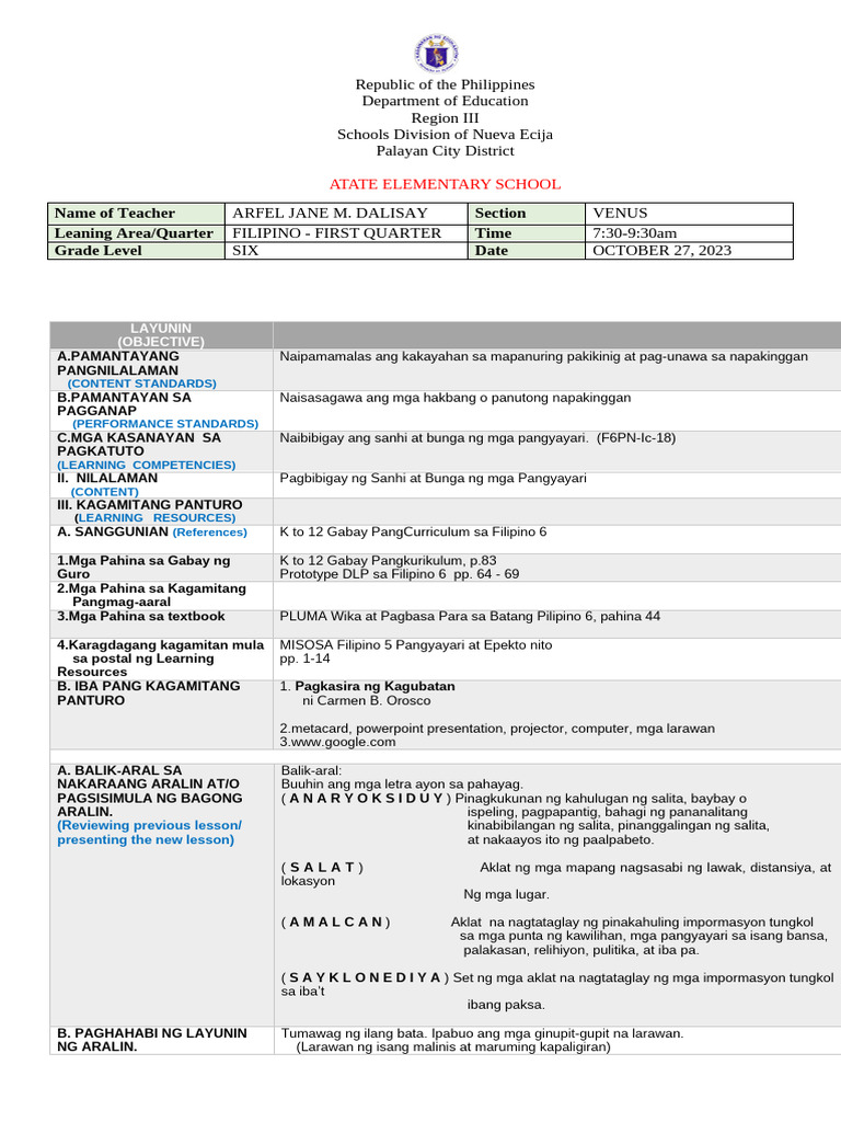 1st Quarter Filipino 6 Cot | PDF
