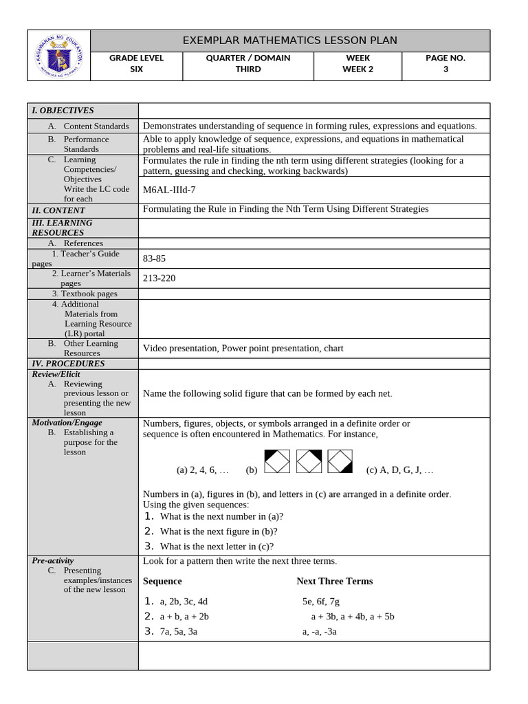 Grade 6 Math Lesson: Sequences | PDF | Learning | Sequence