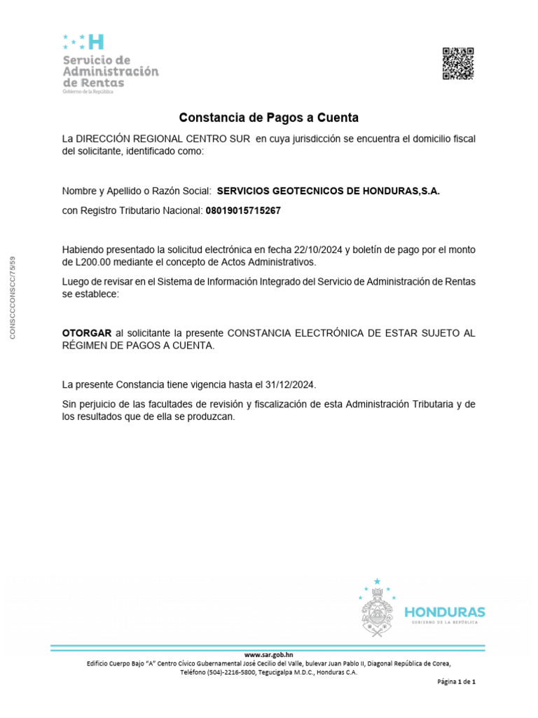 Constancia A Pagos A Cuentas | PDF