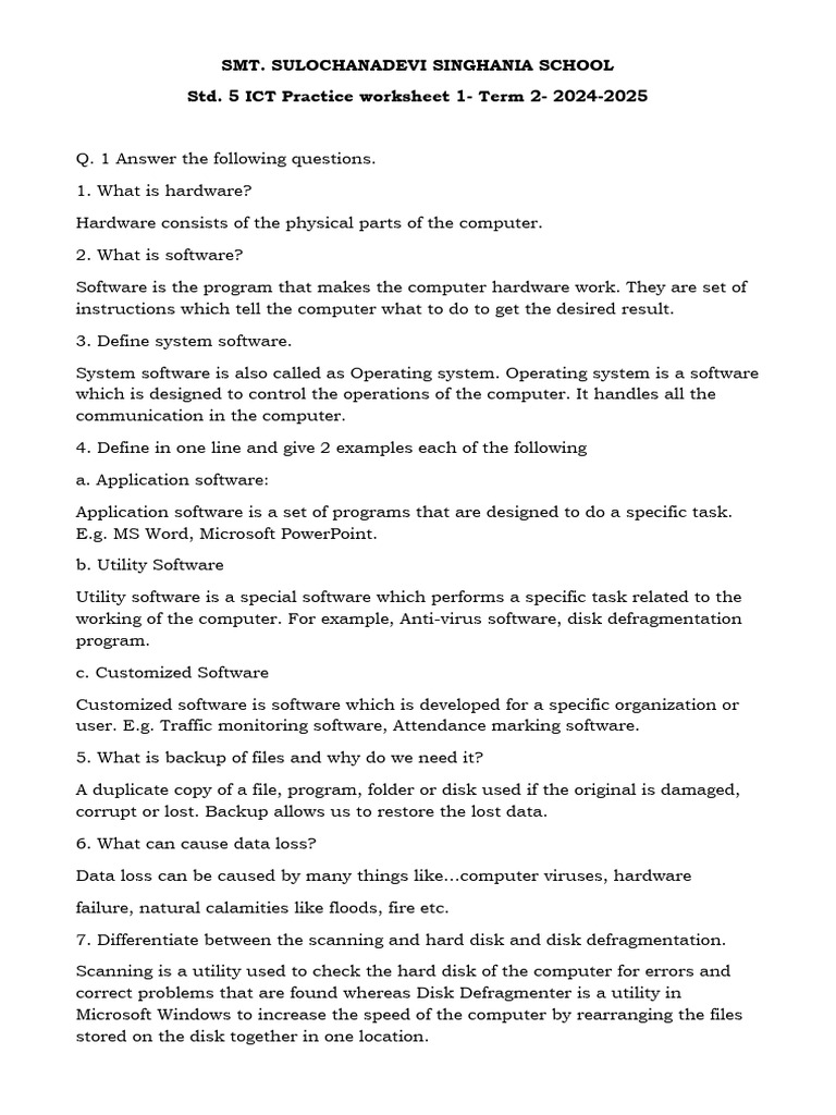 Std5 ICT Solution Worksheet 1 - Term 2 | PDF