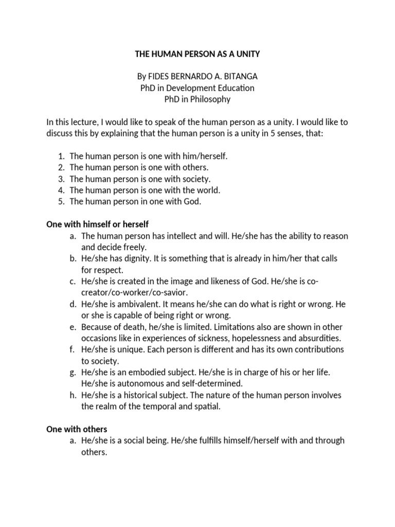 The Human Person As A Unity | PDF | Religious Belief And Doctrine ...