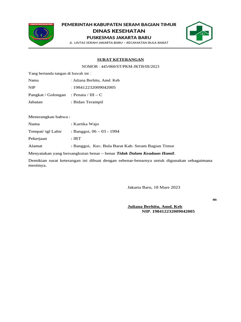 Surat Keterangan Tidak Hamil Kartika Wajo | PDF