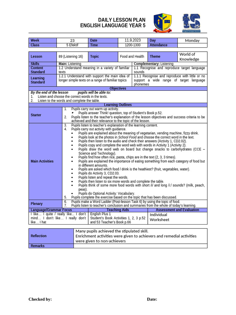Food and Health (Lesson 89 - 106) | PDF | Lesson Plan | Teachers