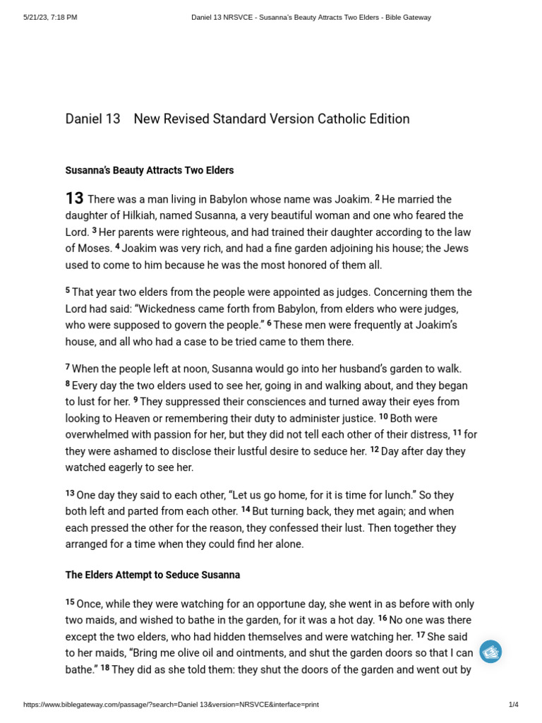 Daniel 13 NRSVCE - Susanna's Beauty Attracts Two Elders - Bible Gateway | PDF