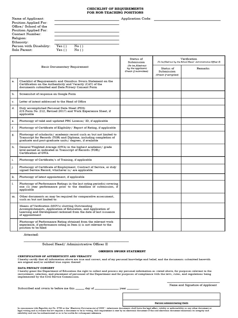 Annex C - Checklist of Requirements and Omnibus Sworn Statement - NTP | PDF