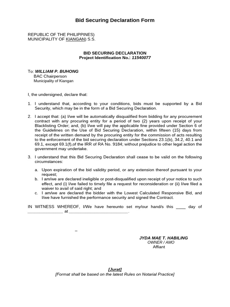 Bid Securing Declaration Template | PDF