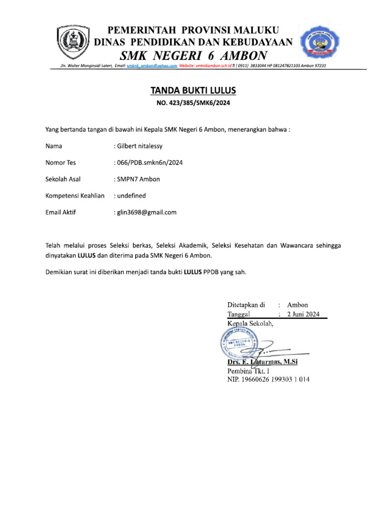 Tanda Bukti Lulus Gilbert Nitalessy | PDF