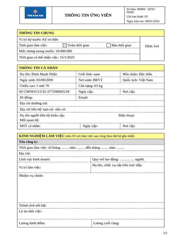 BM04. Thong Tin Ung Vien | PDF