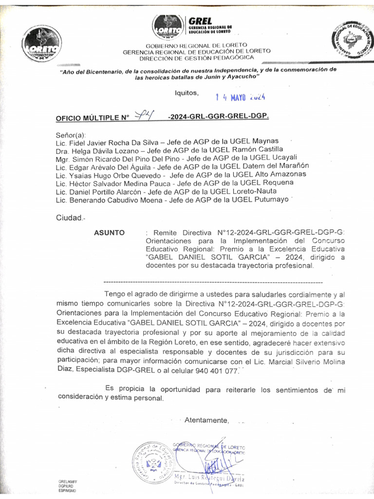 Oficio Multiple N°74-2024-Grl-Ggr-Grel-Dgp | PDF