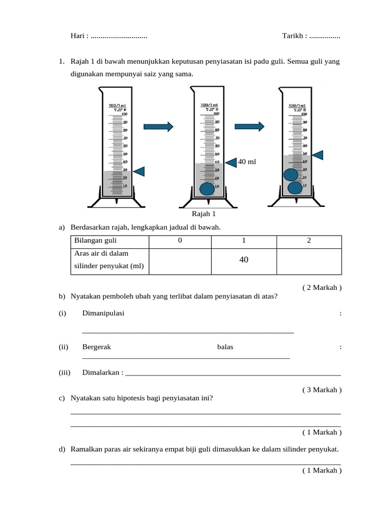 Sains Latihan Mengukur Isipadu Guli Dalam Silinder Penyukat | PDF
