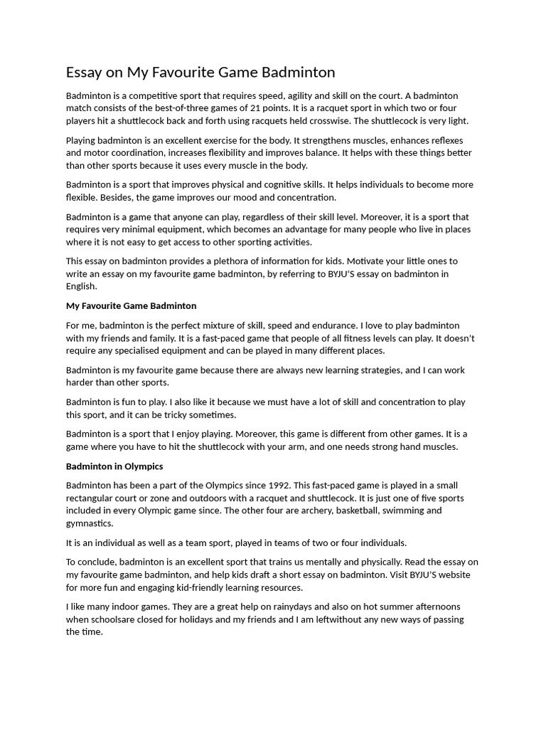 Essay On My Favourite Game Badminton | PDF