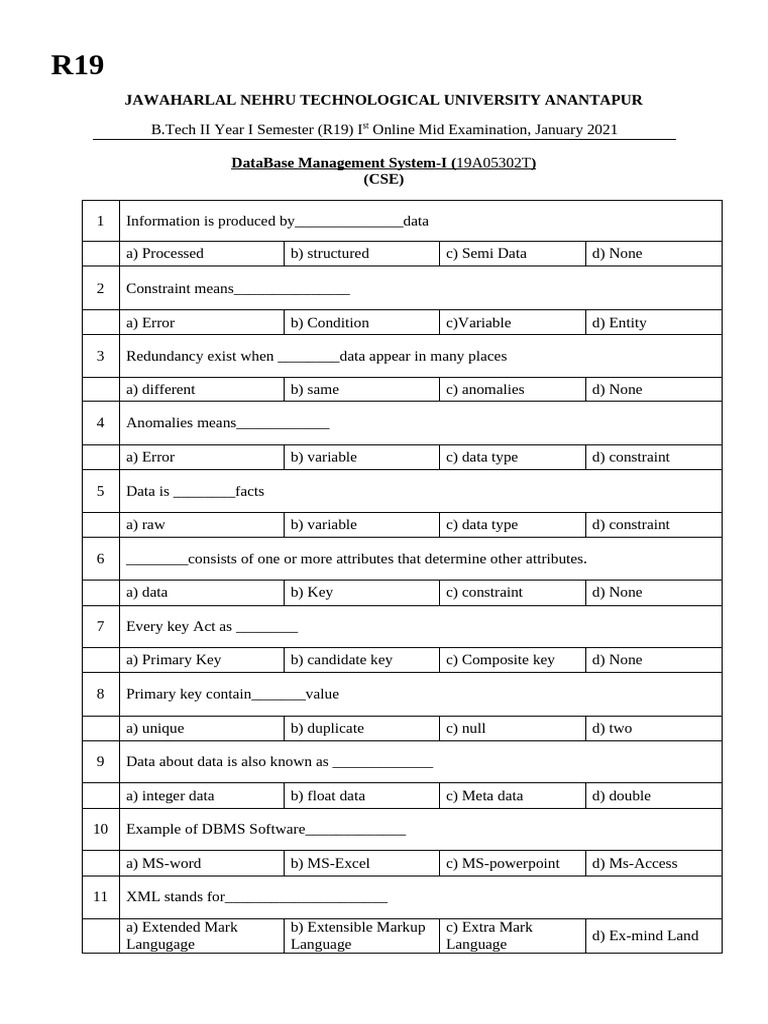 DBMS R19 Objective Bits I Mid | PDF | Databases | Data Model