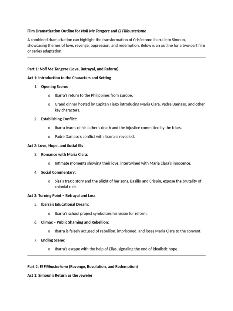 Film Dramatization Outline For Noli Me Tangere and El Filibusterismo | PDF