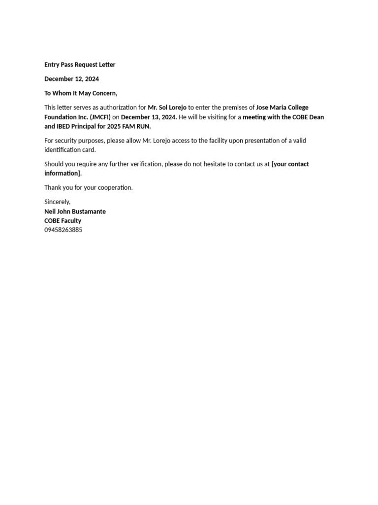 Entry Pass Request Letter | PDF