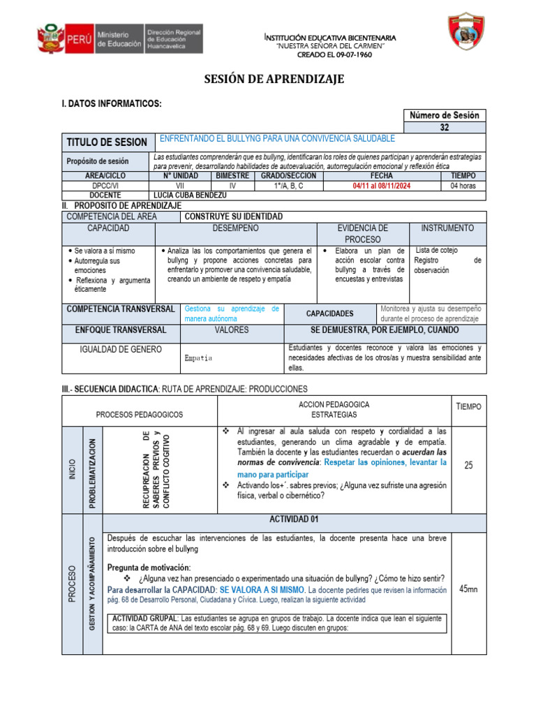 Sesion-32 Dpcc-1°-Lucia | PDF | Aprendizaje | Las emociones