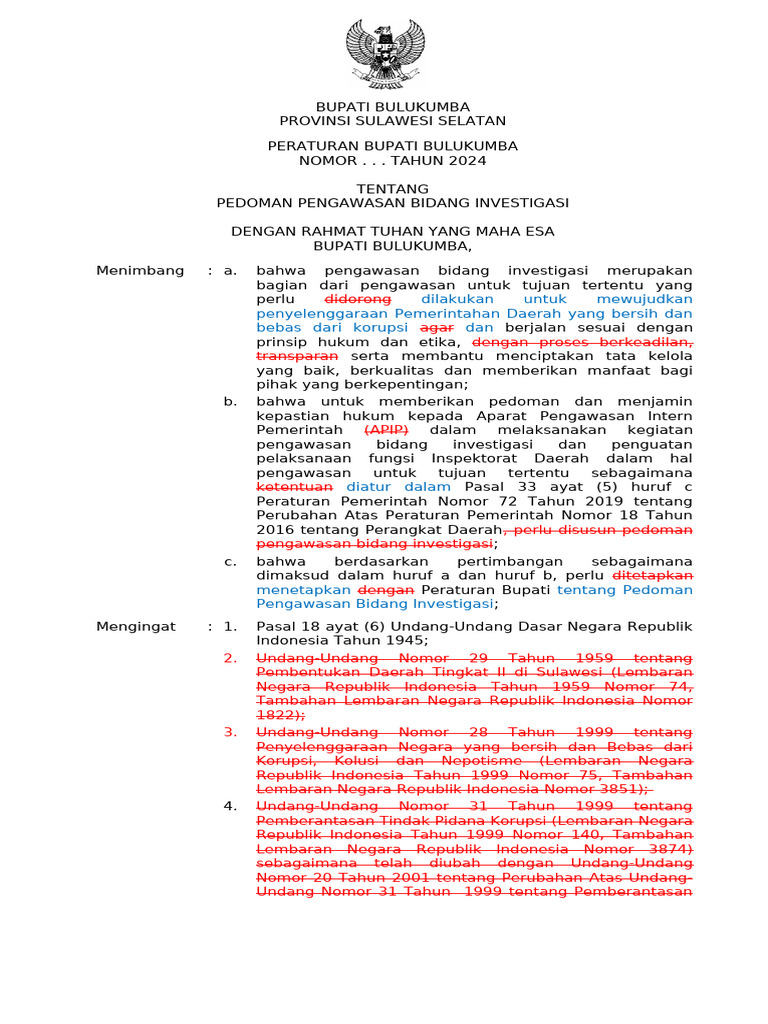 Draf Perbub Pedoman Pengawasan Bidang Investigasi (Catatan Hasil Harmonisasi) | PDF