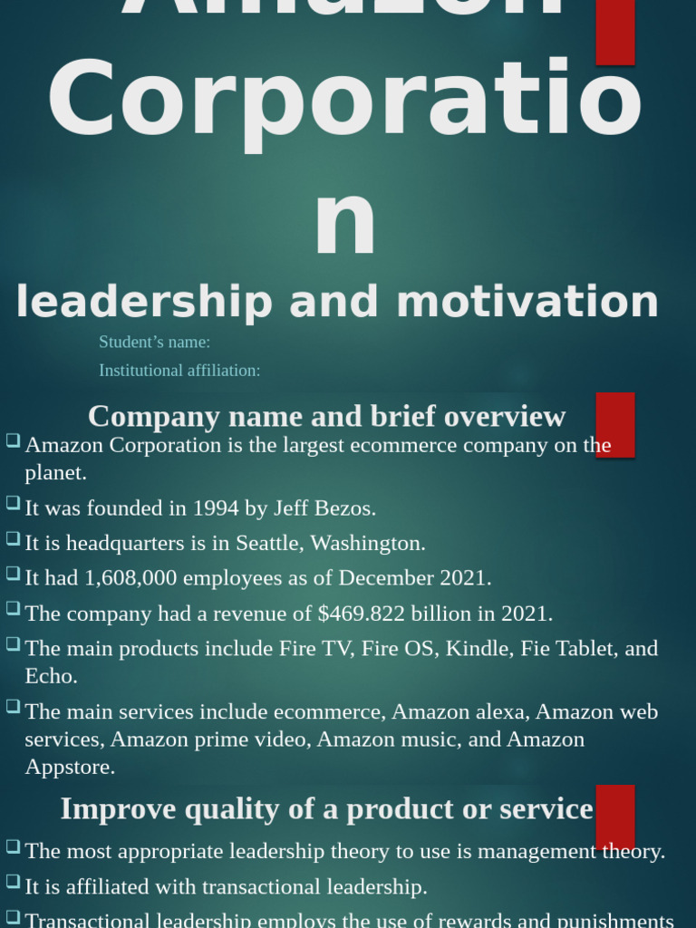 Amazon Corporation Leadership and Motivation | PDF | Leadership ...