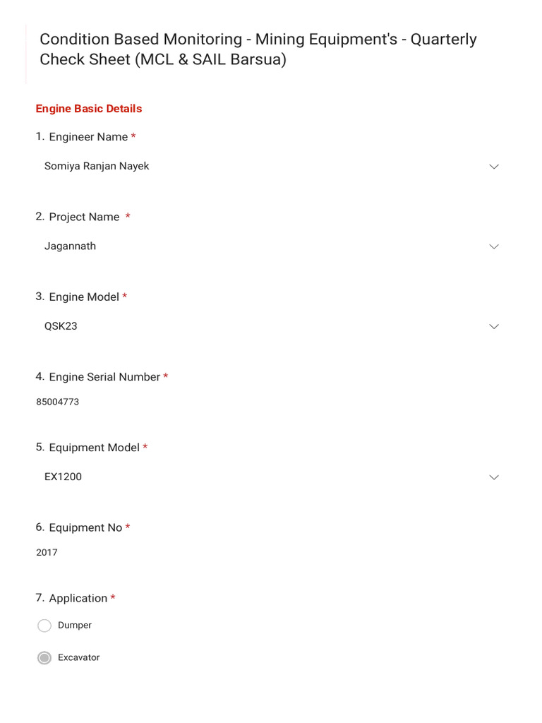 Condition Based Monitoring - Mining Equipment's - Quarterly Check Sheet ...