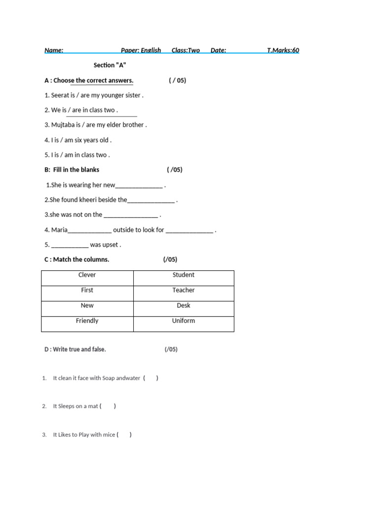 Class 2 English's Paper | PDF