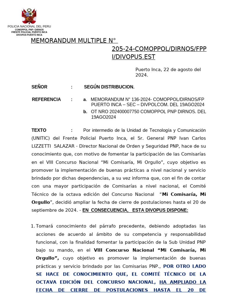 MEM. MULT. Nº 205 - 2024 - PARA CONOCIMIENTO Y FINES RESPECTO A MI ...