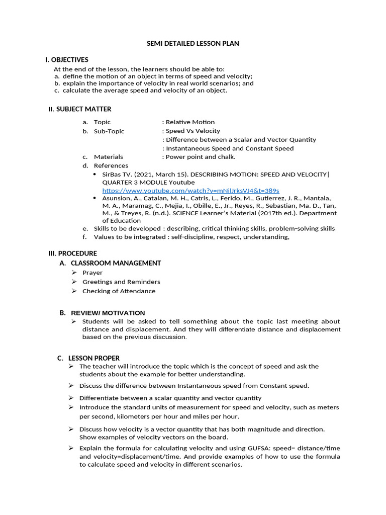 Semi Detailed Lesson Plan in Speed and Velocity | PDF | Velocity | Speed