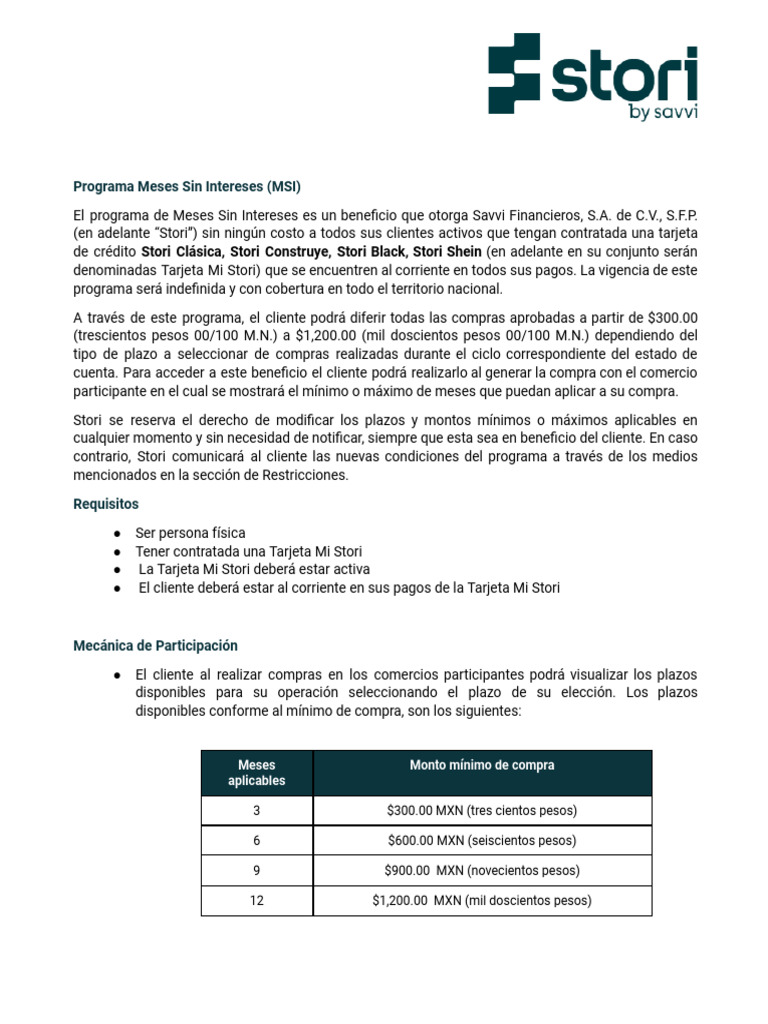 Programa Meses Sin Intereses Stori | PDF