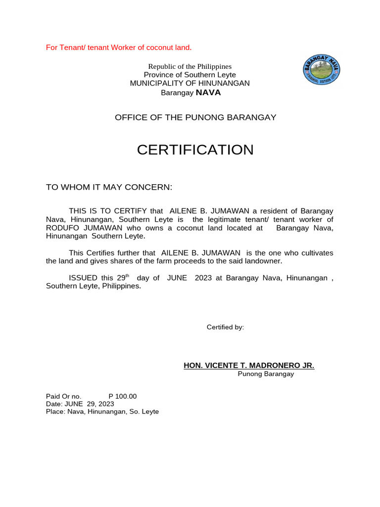 Certification Pca Worker Laborer Cocoland Ailene 1 | PDF