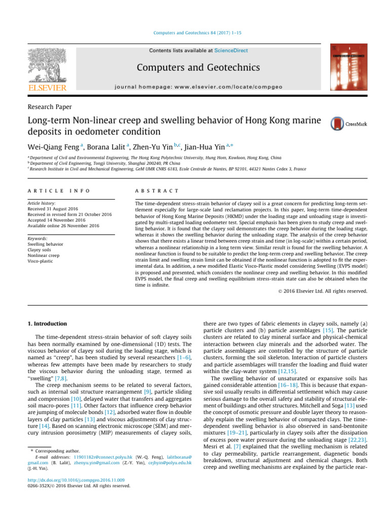 Long-term Non-linear creep and swelling behavior of Hong Kong marine deposits in oedometer ...