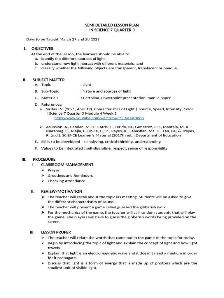 SEMI DETAILED LESSON PLAN in Nature and Sources of Light | PDF | Light ...